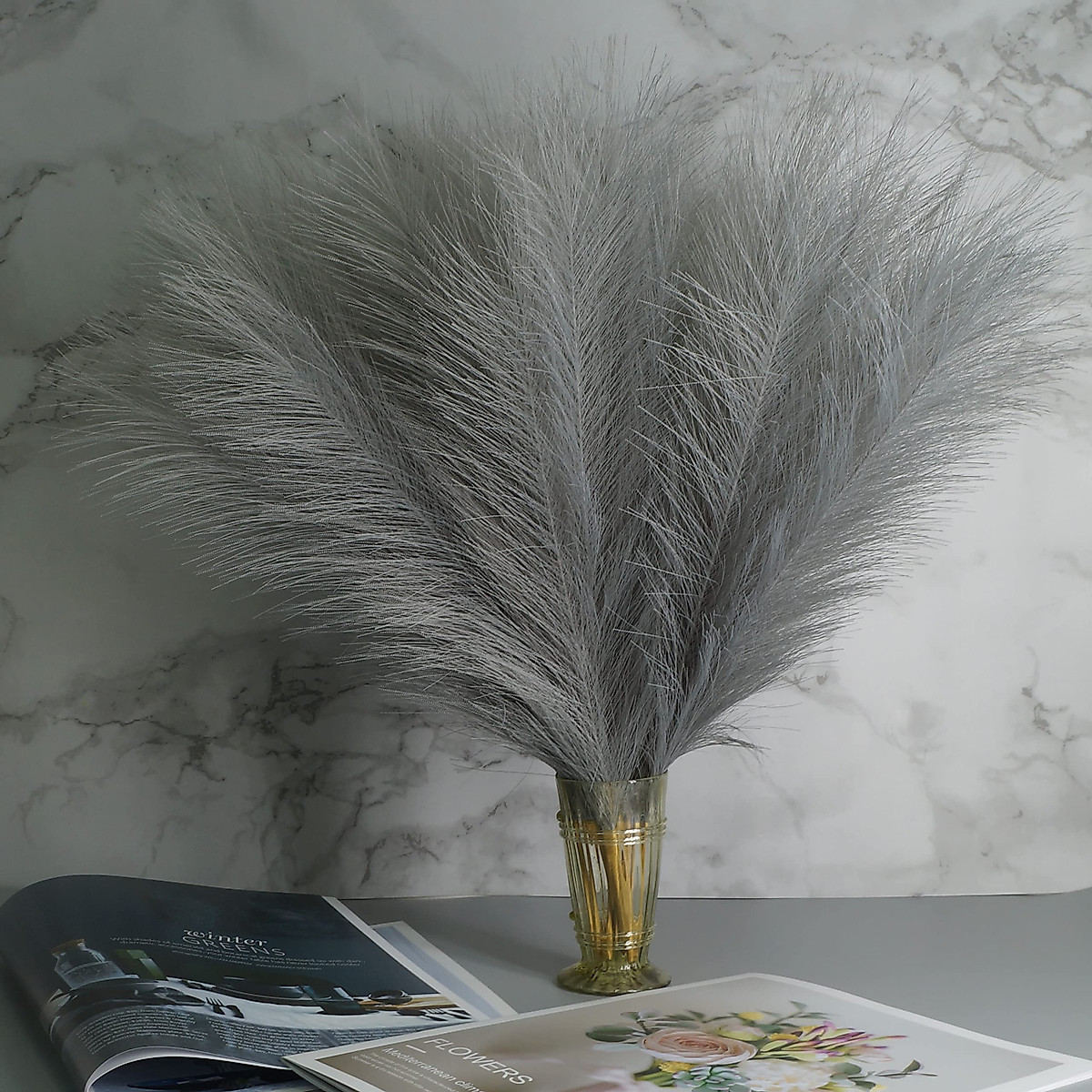 Faux Pampas Grass 6 Stems Small Artificial Pampas Grass 18'' No-Shedding Short Fake Pampas Grass Pompass Fluffy Plants Boho Decor for Centrepiece Living Room Home Office Wedding, No Vase (Grey)