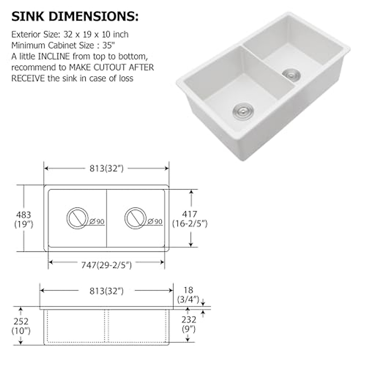 Dcolora 32 Inch White Fireclay Kitchen Sink Porcelain Double Bowl 50/50 Split Undermount Sinks Dual Mount Ceramic Sink Under Counter DC-U7737