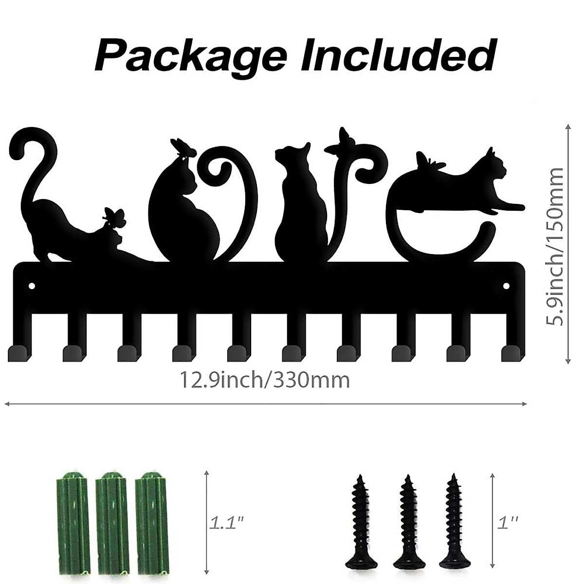 SUPERDANT Cats Metal Key Holder Cat Love Decorative 10 Hook Key Rack Organizer Wall Mounted Entryway Key Belt Umbrella Hooks Personalized Key Hanger Cat Lovers Gift for Wall Decoration