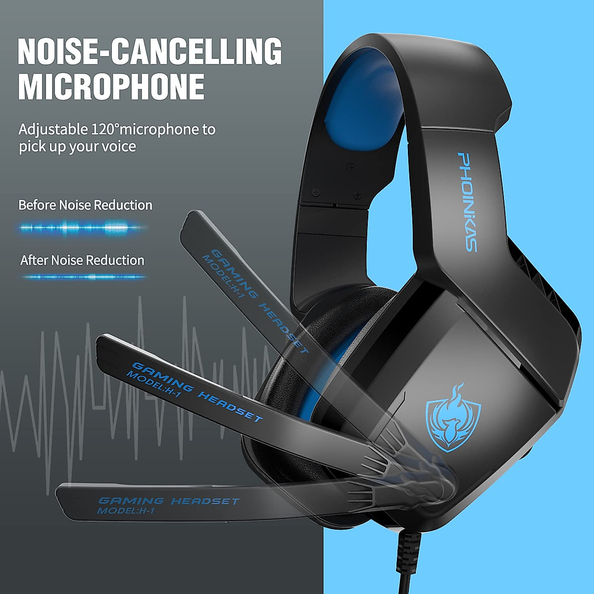 PHOINIKAS Gaming Headset, PS5 Headset for PS4, Xbox One, PC, Laptop, Switch, Over Ear Gaming Headphones Noise-Cancelling Mic, Bass Surround - Blue