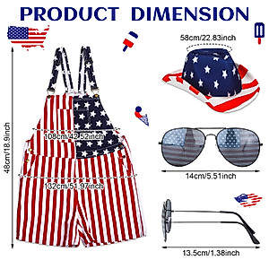Mepase 3 Pcs American Flag Overalls Bib Set with Denim Patriotic American Flag Print Denim Bib USA America Glasses American Flag Western Hat for Men Women Summer 4th of July Halloween Cosplay