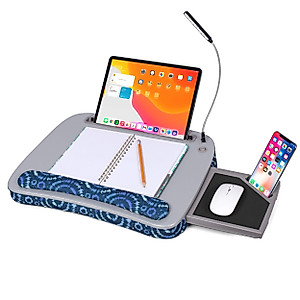 BIRDROCK HOME Deluxe Lap Desk with Pillow Cushion and Wrist Rest | USB Light and Mouse Pad | Fits Laptops Up to 15" | Tablets Up to 9.6" | Blue Tiedye Sunburst Pattern | Laptop Stand Accessories