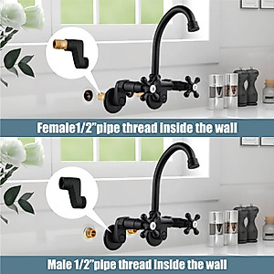 Aolemi Wall Mount Kitchen Faucet 6 Inch Center with Swivel Spout Adjustable Spread 2 Cross Handle Basin Sink Mixer Tap, Matte Black, H&C Label