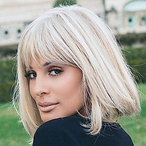 HAIRCUBE 12 Inch Blonde to White Bob Wigs with Bangs Ombre to Blonde Hair Synthetic Heat Resistant for Women