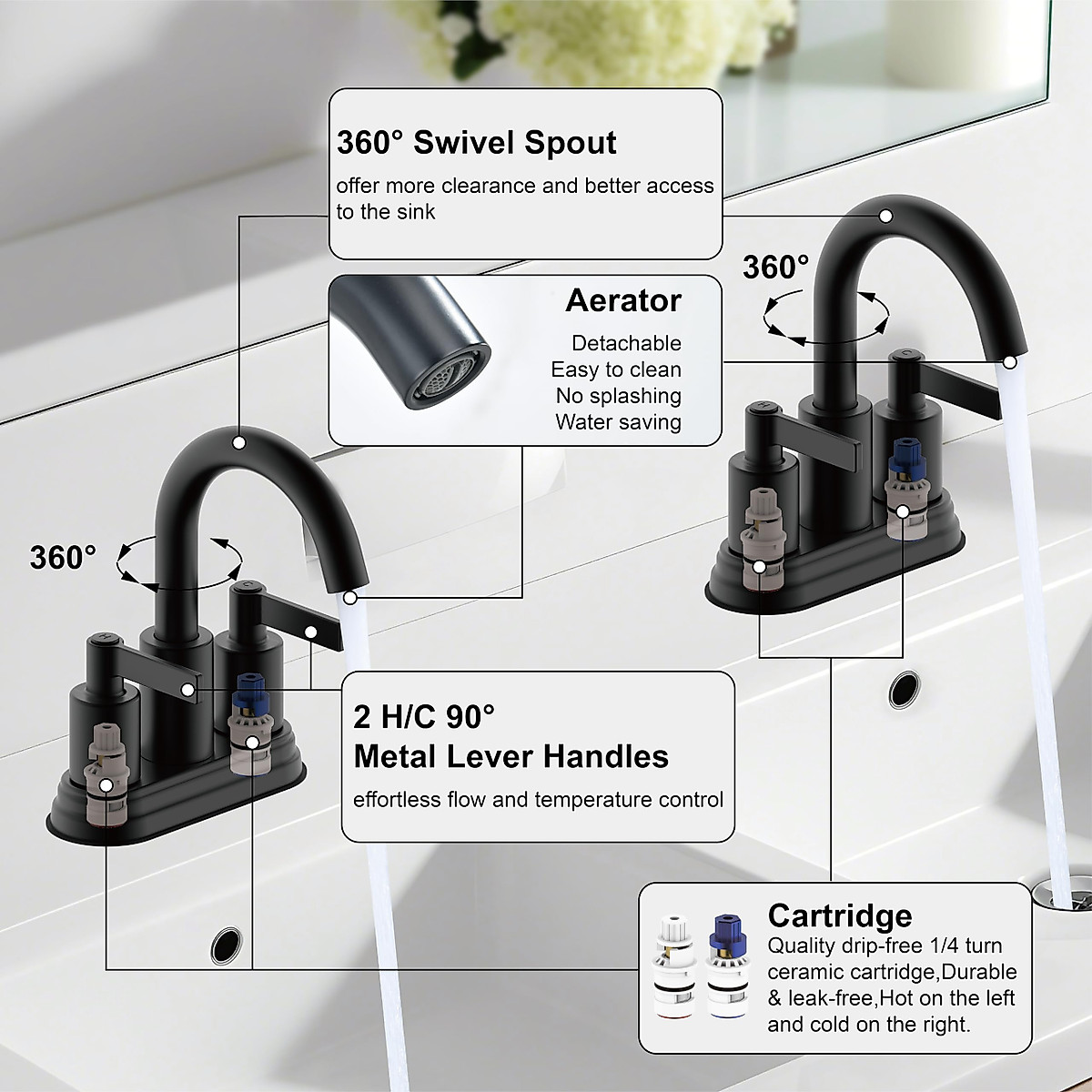 Derengge Bathroom Sink Faucet,4 Inch Centerset Bathroom Faucet, Two Handle Lavatory Faucet with Push up Pop-up Drain,Matte Black Finished,2 Pack,BF-D4501-MT