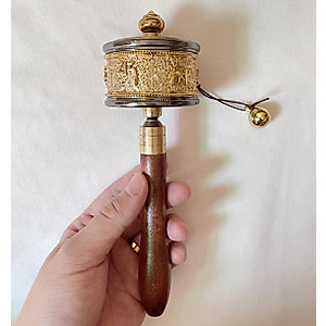 Copper Hand Held Prayer Wheel with Tibetan Buddhist Six-Character Truth Premium Buddha Scriptures, Wooden Handle Prayer Wheel for Praying, blessing, Meditation, Healing, Relaxing, Yoga