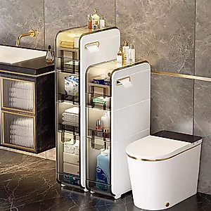 4-Tiers Bathroom Floor Storage Cabinet Narrow Slim Tall Movable Towel Organizer Side Freestanding Rolling Unit with Clear Drawers for Small Space Laundry Living Room Gap