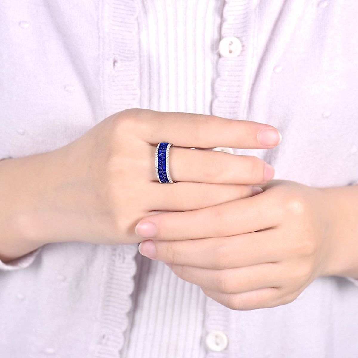 Lanmi 14K Rose White Gold Natural Blue Yellow Sapphire Eternity Ring Engagement Wedding Band for Women Promotion