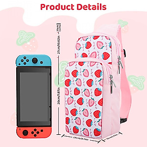 RHOTALL Pink Travel Bag for Nintendo Switch/Lite/OLED,Large Capacity Portable Carrying Case Compatible for Chest Shoulder Accessories Storage Backpack with12 Slots Game Case,Thumb Grip Caps-Strawberry