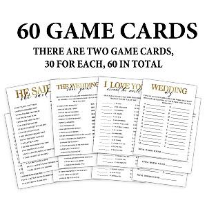 60 Pcs Gold Bridal Shower Game for Guest, Wedding Engagement Party Supplies, Included 4 Games - I Love You around World, He Said She Said, Wedding Shoe Game, Wedding A-Z, Double-sided