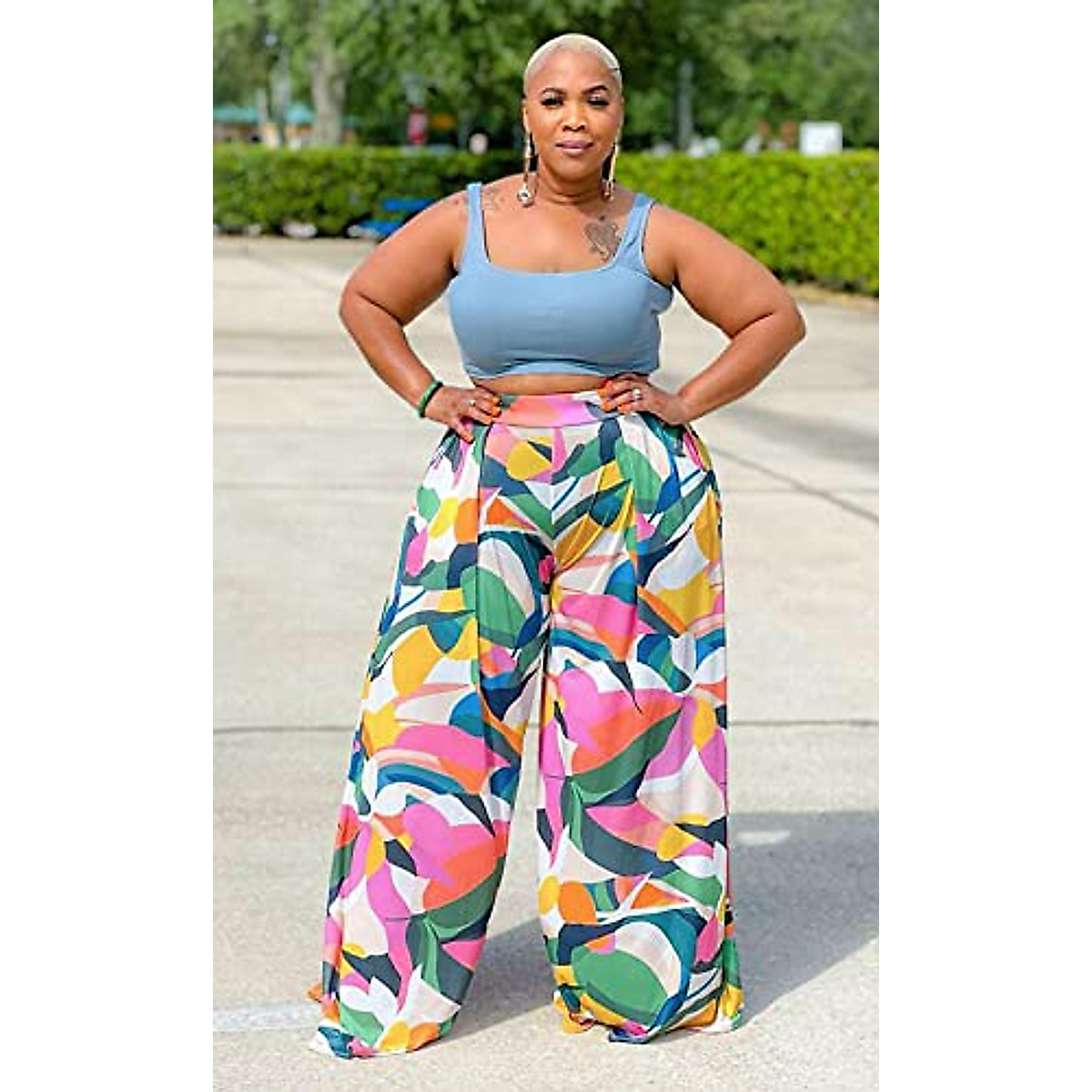 Acatmew Plus Size Womens Palazzo Long Pants High Waist Wide Leg Casual Trousers with Pocket