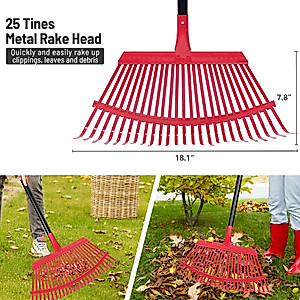 Garden Leaf Rake with 60 Inch Adjustable Long Steel Handle, 11 Metal Tines 8.8" Wide Garden Rake for Lawns Shrub Debris and Flower Beds