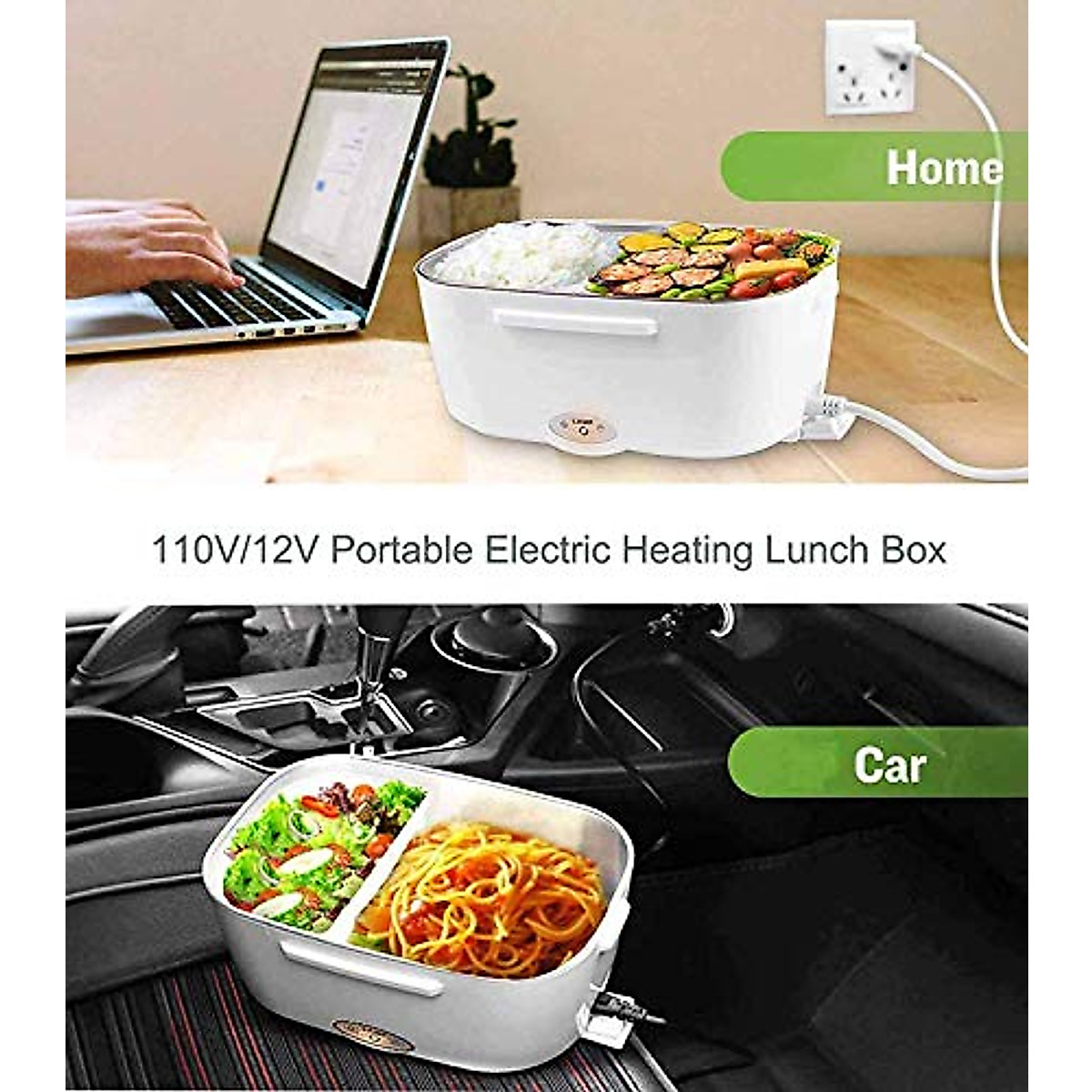 Electric Lunch Box for Car and Home 110V & 12V 40W - Removable Stainless Steel Portable Food Grade Material Warmer Heater - with 2 in 1 Fork & Spoon