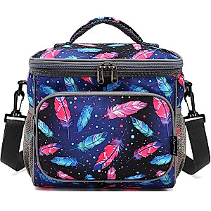 FlowFly Insulated Reusable Lunch Bag Adult Large Lunch Box for Women and Men with Adjustable Shoulder Strap,Front Zipper Pocket and Dual Large Mesh Side Pockets,Feather