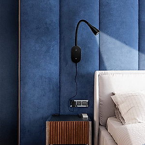 Wall Reading Light, Book Light for Reading in Bed, Touch Control USB Output Modern Reading Lamp,5 Dimmable LED Flexible Gooseneck 4000k Bed Lights, Easy to Install Black