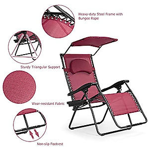 HAPPYGRILL Zero Gravity Lounge Chair Folding Patio Recliner for Outdoor Beach Patio Poolside, Wine