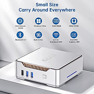 KAMRUI Mini PC,16GB RAM 512GB SSD Intel 11th Celeron N5105 (up to 2.9GHz) Mini Desktop Computer, 2.4G/5G WiFi, BT4.2, Small Computer Support 4K UHD VESA Gigabit Ethernet for Home/Business