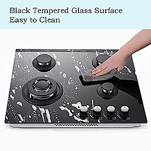 Gas Stove Top 24 inch Eascookchef,24 inch Gas Cooktop 4 Burner,Gas Stove Top NG/LPG Convertible,Black Tempered Glass Dual Burners Propane Cooktop with Thermocouple Protection,Bulit-in Gas Hob
