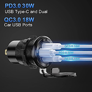 12V USB Outlet Wire Aluminum Car Charger Multi Port, Dual USB Quick Charge 3.0 Port and PD USB C Socket with Voltmeter Switch for Car Boat Marine Truck RV, Fast Charge for iPhone iPad Android Phones