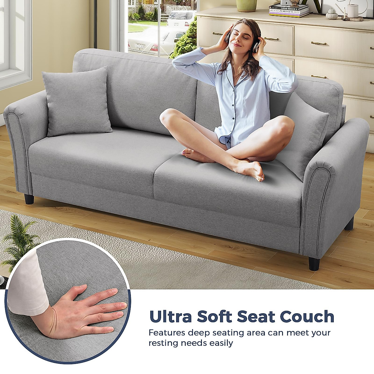 IULULU 81.5" Modern Sofas Living Room, Fabric Comfy Deep Seat Couch with Metal Legs and 2 Pillows, Removable Back and Thickened Soft Cushion, Furniture for Home, Apartment, Office