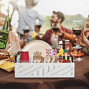 Ameuphercy Paper Plate Holder Utensil Caddy for Kitchen Counter，Paper Plate Dispenser with Large Cup Holder for Kitchen Counter, Paper Plate Organizer for Party,Wedding, BBQ(White-Carving)