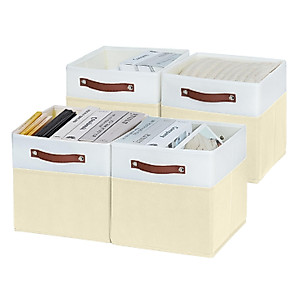 DULLEMELO Storage Cube Bins for Organizing,13 inch Fabric Storage Cubes with Dual Handles, Collapsible Large Cube Baskets Organizing for Shelves Closet Storage, Set of 4,White & Beige