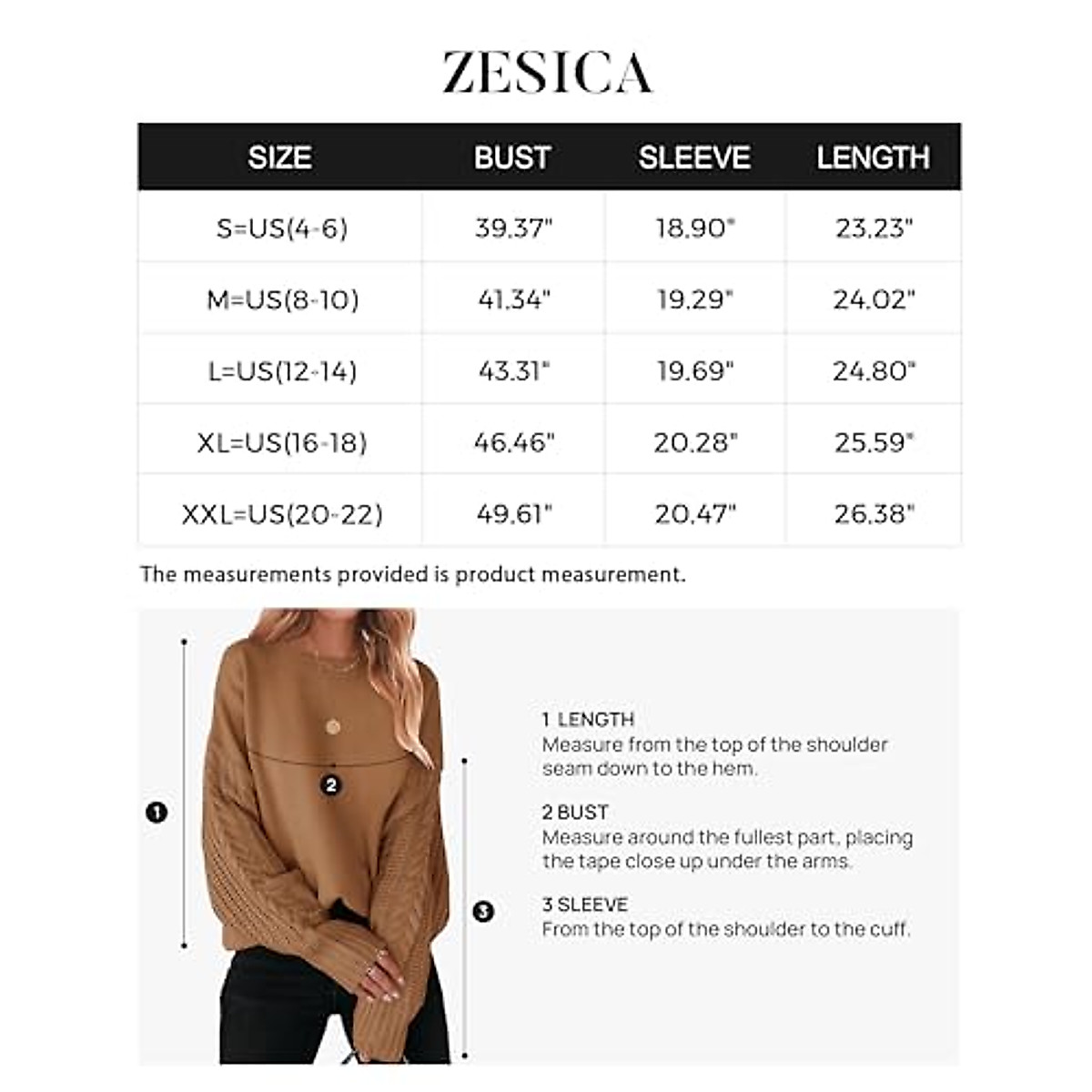 ZESICA Women's 2023 Fall Long Sleeve Crew Neck Solid Color Cable Knit Chunky Casual Oversized Pullover Sweater Tops,Camel,Large