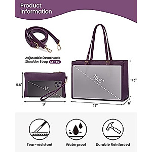 LOVEVOOK 15.6 Inch Laptop Bag for women, Large Waterproof PU Leather Work Briefcase with USB Charging Port Casual Computer Shoulder Bag Messenger, Fashion Business Office Tote Handbag Purse, Purple