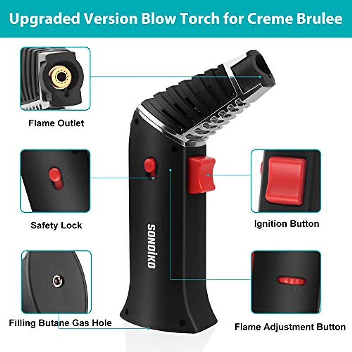 Sondiko Creme Brûlée Torch S928, Kitchen Torch Lighter with Rotatable Torch Head, Safety Lock, Adjustable Flame for Creme Brulee, BBQ, Dab(Butane Gas Not Included)