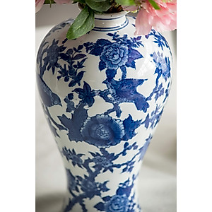 A&B Home 13'' Blue White Porcelain Jar Flower Planter Pot Home Decor Vase Hand Painted Floral Print Tall Vase Asian Decorations