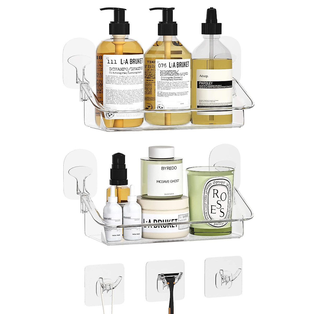 UDD Clear Shower Caddy with Razor Holder Hook, Wall Floating Shelves Shower Organizer Storage Adhesive Shower Rack for Bathroom (2 Pack, Small)