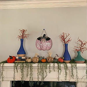 Ymaotrade Fall Sign Thanksgiving Door Hanger Pumpkin Welcome Sign Wooden Pumpkin Decor Hanging Porch Sign for Autumn Harvest Thanksgiving Farmhouse Wall Decoration (Pink) 12in