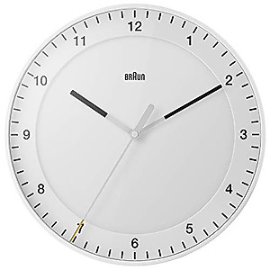 Braun Classic Large Analogue Wall Clock with Silent Sweep Movement, Easy to Read, 30cm Diameter in White, Model BC17W.