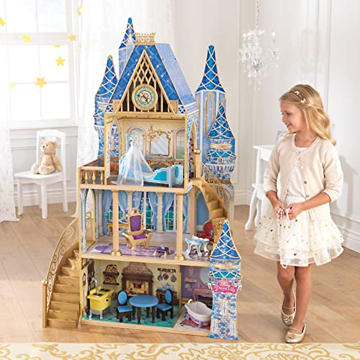 KidKraft Disney® Princess Cinderella Royal Dream Wooden Castle Dollhouse, Over 4 Feet Tall with 12 Pieces, Blue, Gift for Ages 3+