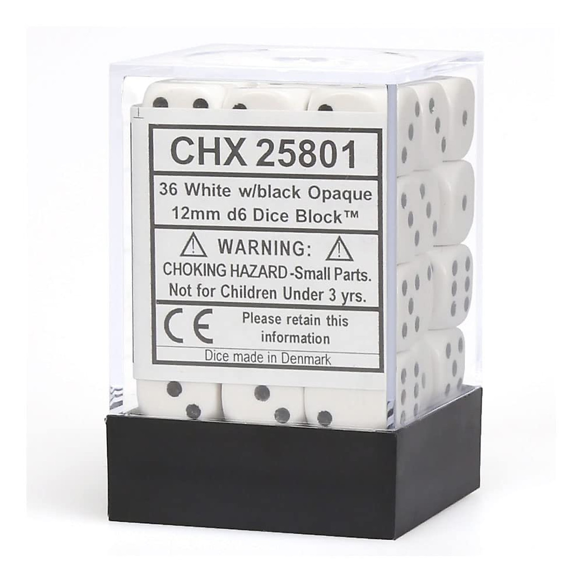 Chessex Opaque 12mm d6 White w/Black Dice Block 36 Dice