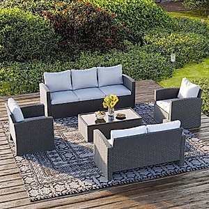 RoyalCraft 5 Pieces Patio Furniture Set, All Weather PE Wicker Rattan Outdoor Furniture with Coffee Table and Loveseats, Outdoor Sectional Sofa for Lawn Backyard Poolside Porch Garden, Grey