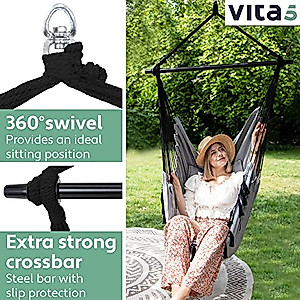 VITA5 Hanging Chair Outdoor & Indoor- Sturdy & Safe Hammock Chair - Stylish Boho Hanging Chair for Bedroom Decor - Easy to Assemble Hammock Swing - Comfy Padded Hanging Swing - Swinging Chair
