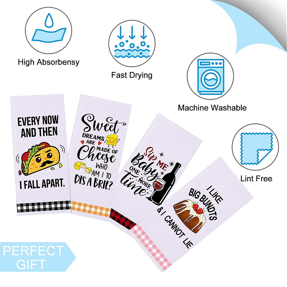 LXOMILL Funny Kitchen Towels, Cute Decorative Dish Towels Sets, Absorbent Waffle Hand Towels, Housewarming Gifts for New Home, Women, Mom, Set of 4, Funny House Warming Presents, Hostess Gifts