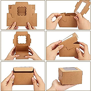 Moretoes 30 Pack Mini Cookie Boxes 4 Inch Bakery Boxes with 66ft Twine Small Brown Kraft Cake Boxes with Window for Cupcakes, Pies, Donuts（4x4x2.5 Inch）
