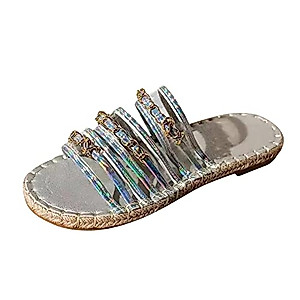 Coerni Ladies Fashion Transparent PVC Metal Chain Decorative Round Top Thick Bottom Straw Sandals Yeah Slippers Women (Silver, 6.5)