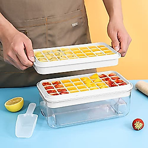 Ice Cube Tray with Lid and Bin, 64 pcs Ice Cubes Molds, Ice Trays for Freezer, Ice Cube Tray Mold, With 2 trays, Ice Freezer Container, Spill-Resistant Removable Lid & Ice Scoop, for Whiskey,Cocktail