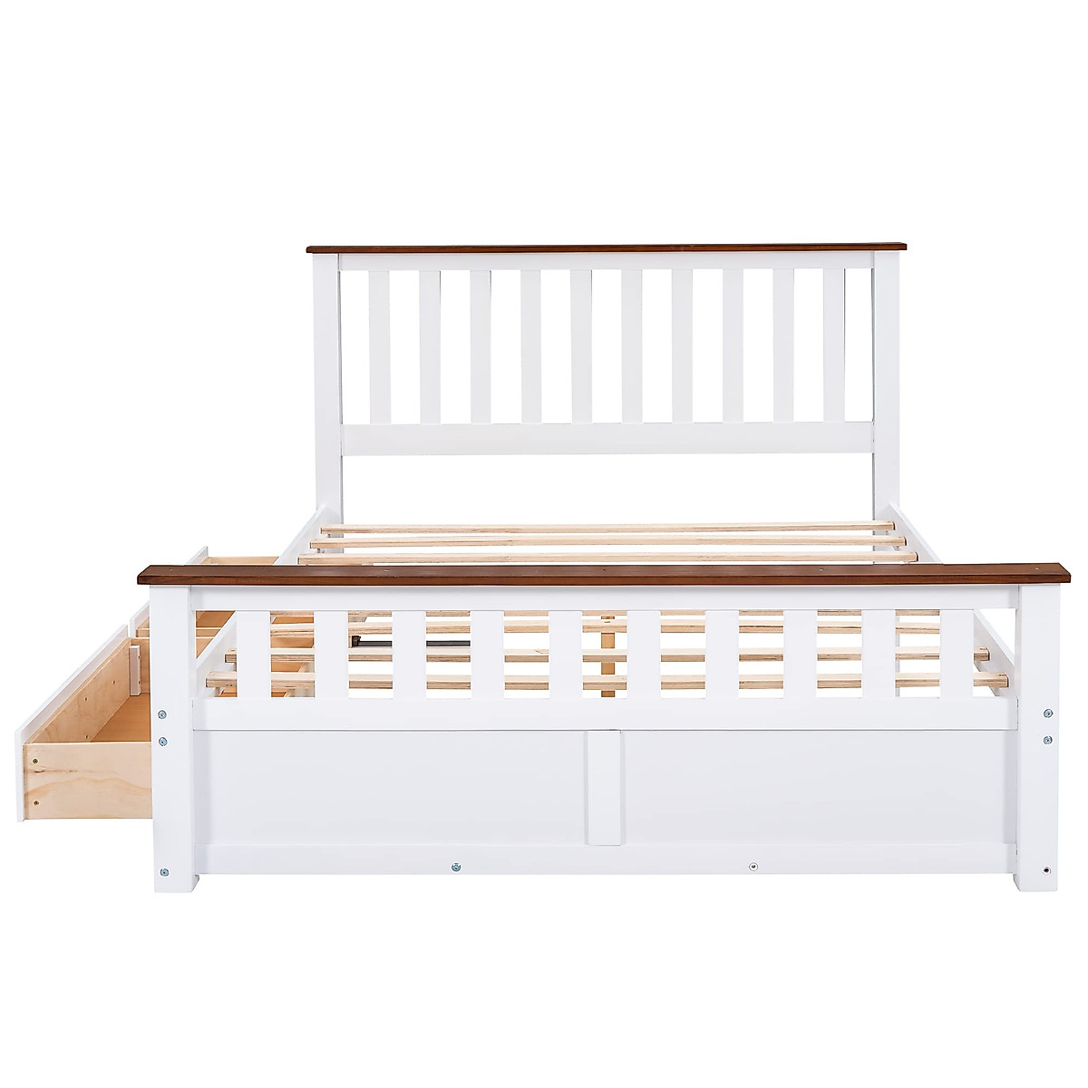 FANYE Queen Size Soild Wood Platform Bed Wooden Bedframe with Two Storage Drawers and Wood Slat Support, White+Walnut
