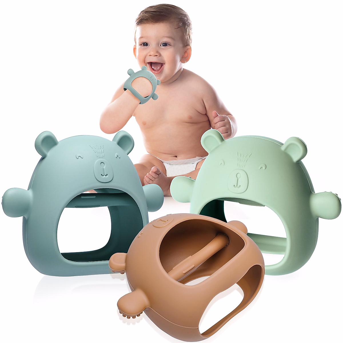 TFav Baby Bear hand Teether -3 pc Blue, Brown & Green -Silicone Teething mitt for 0-6 Months Boys -Hand Pacifier That Fits on Fist -Wearable Gloves Chew Toy -Calm Down The Fussy Baby