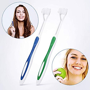 2 Pieces 3 Sided Autism Toothbrush Three Bristle Travel Toothbrush for Complete Teeth and Gum-Care, Great Angle Bristles Clean Each Tooth, Soft/Gentle (Green, Blue)