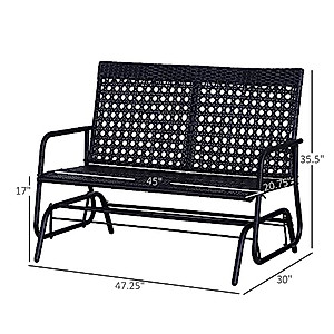 Outsunny Patio 2-Person Wicker Glider Bench Rocking Chair, Outdoor All-Hand Woven PE Rattan Loveseat w/Ergonomic Design Rocking System for Patio, Garden, Porch, Lawn, Black