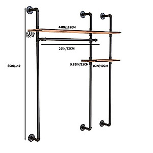 TEDIDUWA 45In Industrial Pipe Clothing Rack,Wall Mounted Clothes Rack with Top Shelves, Pipe Clothing Rack with Shelf, Wall Hangers for Clothes, for Bedroom, Laundry, Living Room, Retail Store