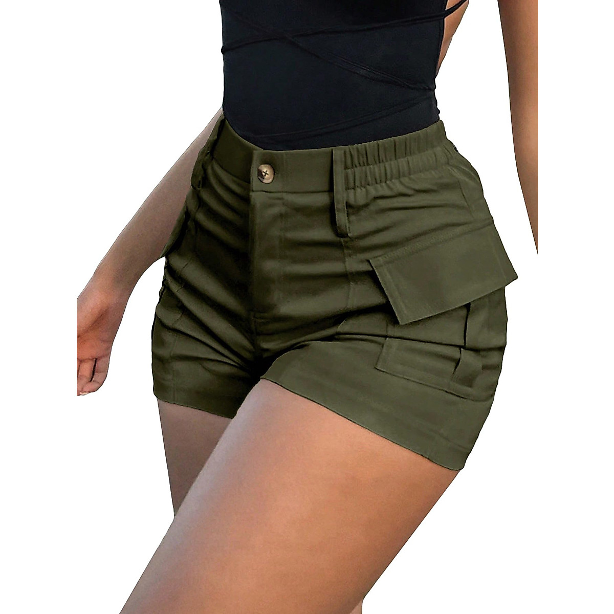 WDIRARA Women's High Waist Button Streetwear Cargo Shorts with Pockets Army Green M