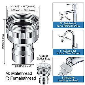 Dreyoo 2 Pcs Dishwasher Faucet Adapter, Dishwasher Snap Adapter Connection 15/16-27Male or 55/64-27Famale Chrome (No Filter)
