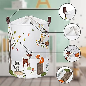Clastyle 45L Woodland Animals Laundry Basket Collapsible Waterproof Forest Fox Storage Basket with Handle Kids Room Jungle Deer Laundry Hamper with Drawstring, 14 * 17.7 in