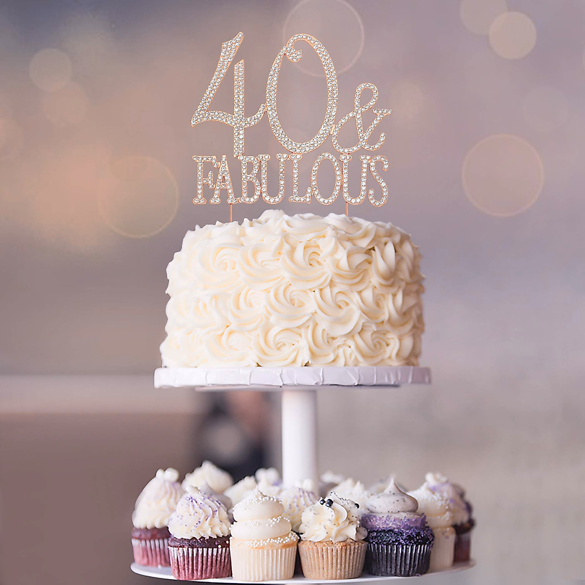 40 Cake Topper - Premium Rose Gold Metal - 40 and Fabulous - 40th Birthday Party Sparkly Rhinestone Decoration Makes a Great Centerpiece - Now Protected in a Box